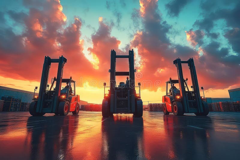 Forklifts Lined Up Under a Dramatic Sunset Sky, Showcasing Industrial ...