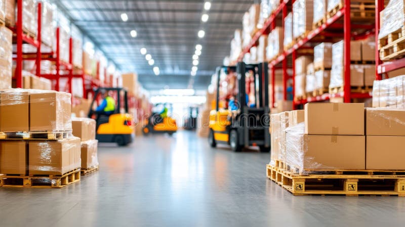 Forklifts Loading Pallets of Goods in a Busy Warehouse Stock Photo ...