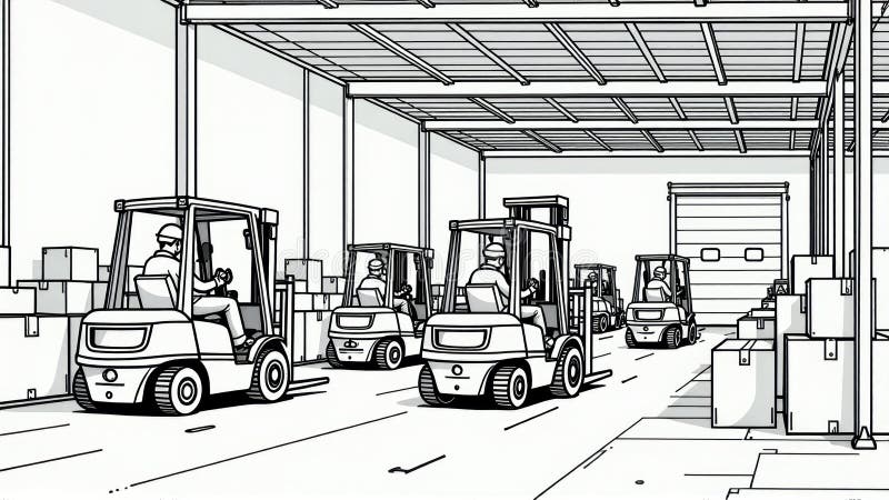 Forklifts in Warehouse Line-Drawing Stock Illustration - Illustration ...