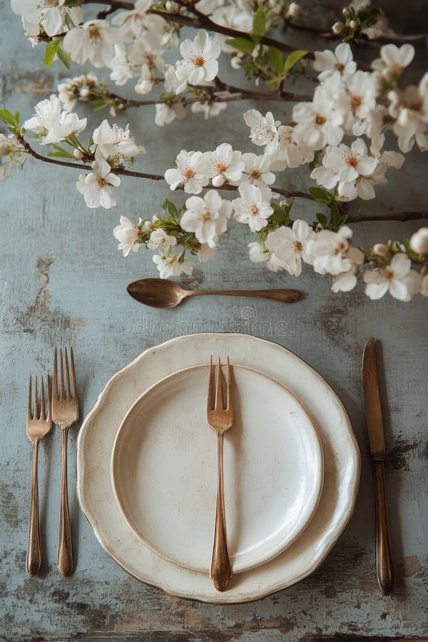 Vintage Silverware Arranged with Cherry Blossom Branches on a Dark ...