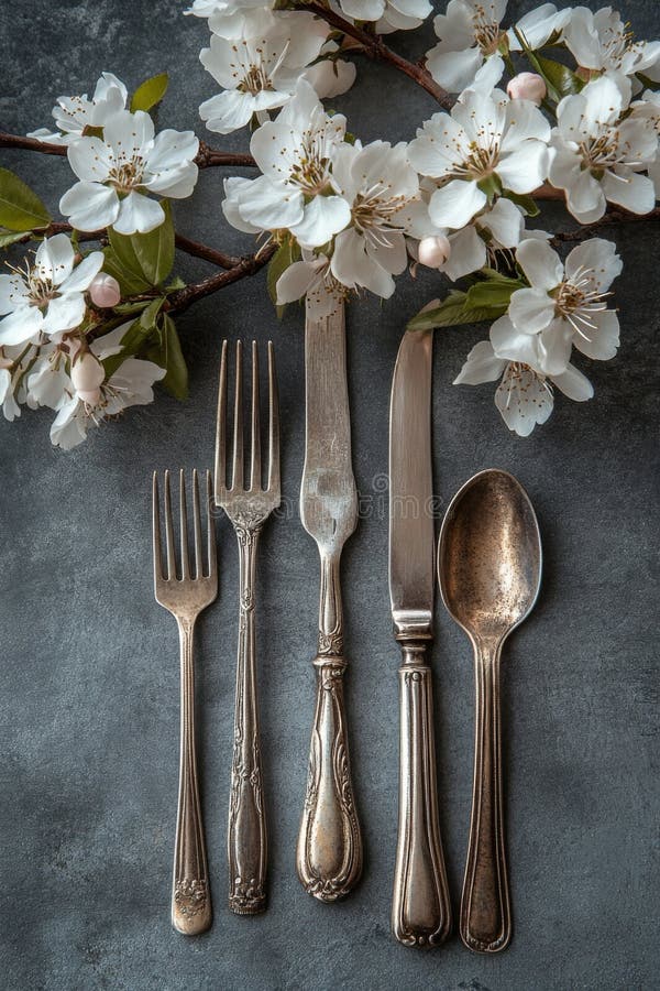 Vintage Silverware Arranged with Cherry Blossom Branches on a Dark ...