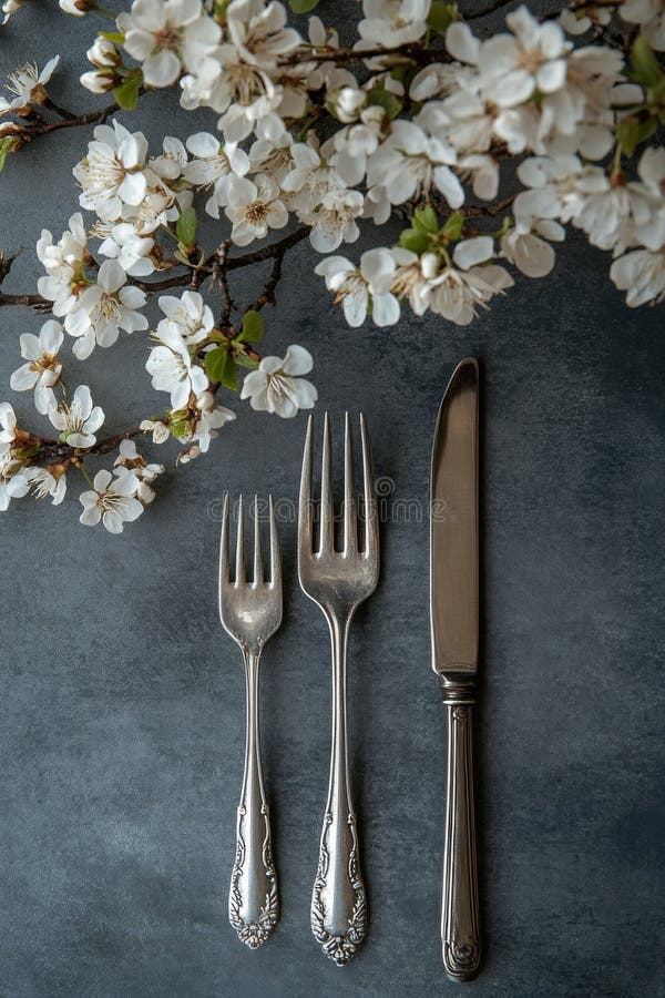 Vintage Silverware Arranged with Cherry Blossom Branches on a Dark ...