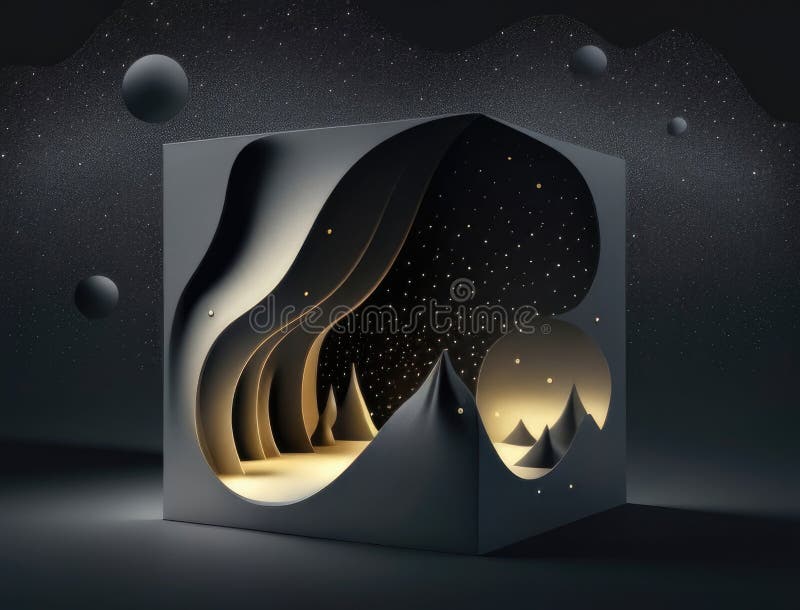 Form of a Glimmering Stream in the Night Sky. Podium, Empty Showcase ...