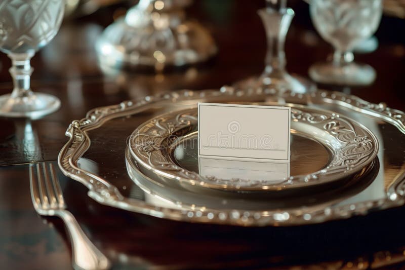 Formal Banquet Hall Place Setting with Silver Charger and Blank Name ...