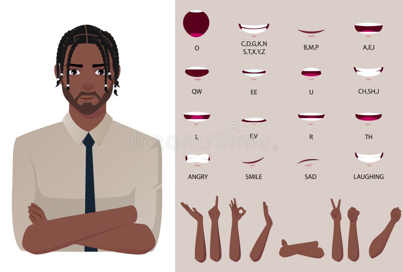 Formal Black Worker Man Character Mouth Animation Lip-sync and Hand ...