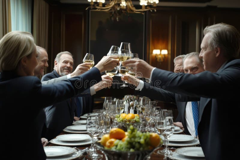 Formal Business Dinner Celebration with Wine Toast in Elegant Dining ...