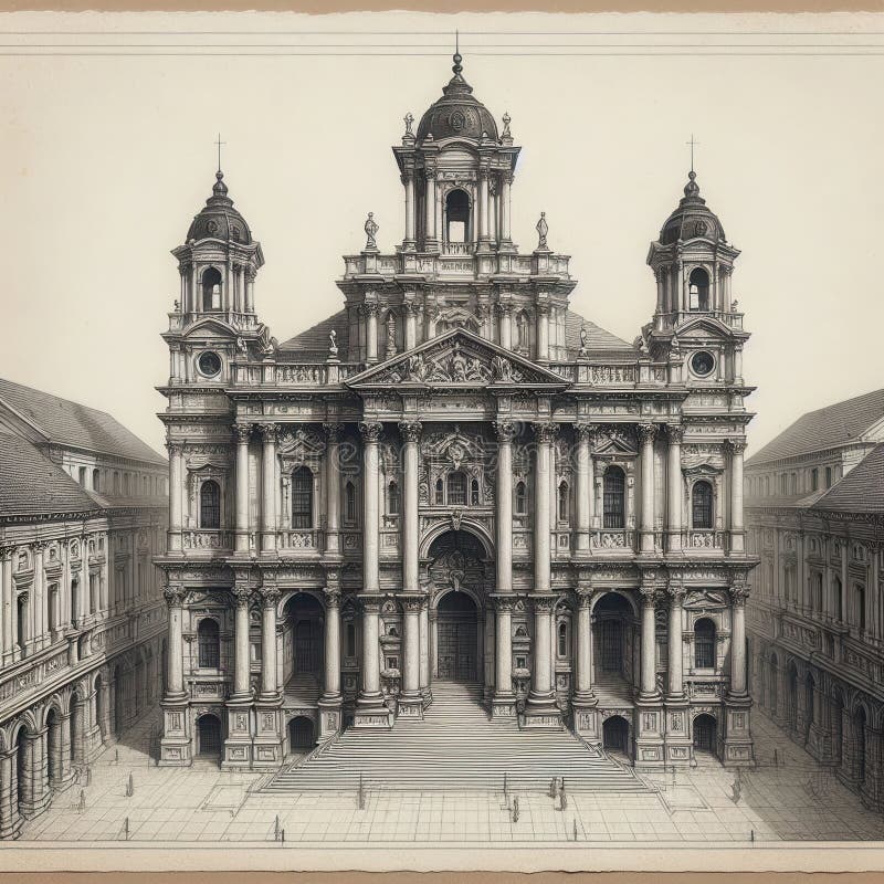 Formal City Hall Elevation in Ink Lines Stock Illustration ...