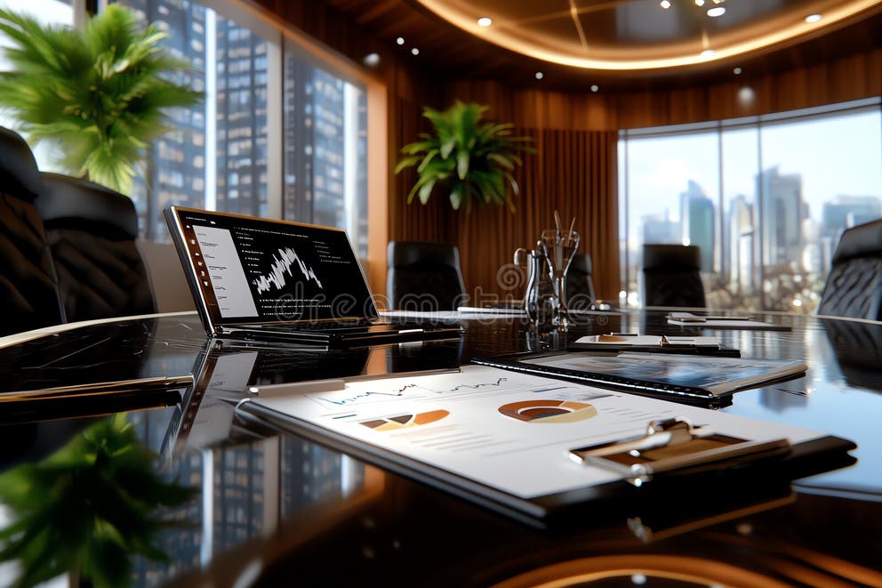 Formal Conference Room Setting with Team Analyzing Business Data and ...