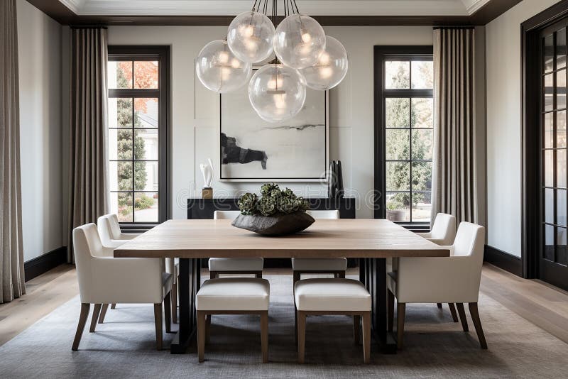 A Formal Dining Room with a Long Wooden Table, Designer Chairs, and a ...