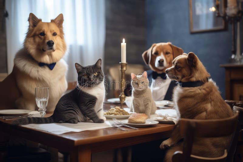 A Formal Dinner Party with a Cat and Dog Attending in Formal Attire ...