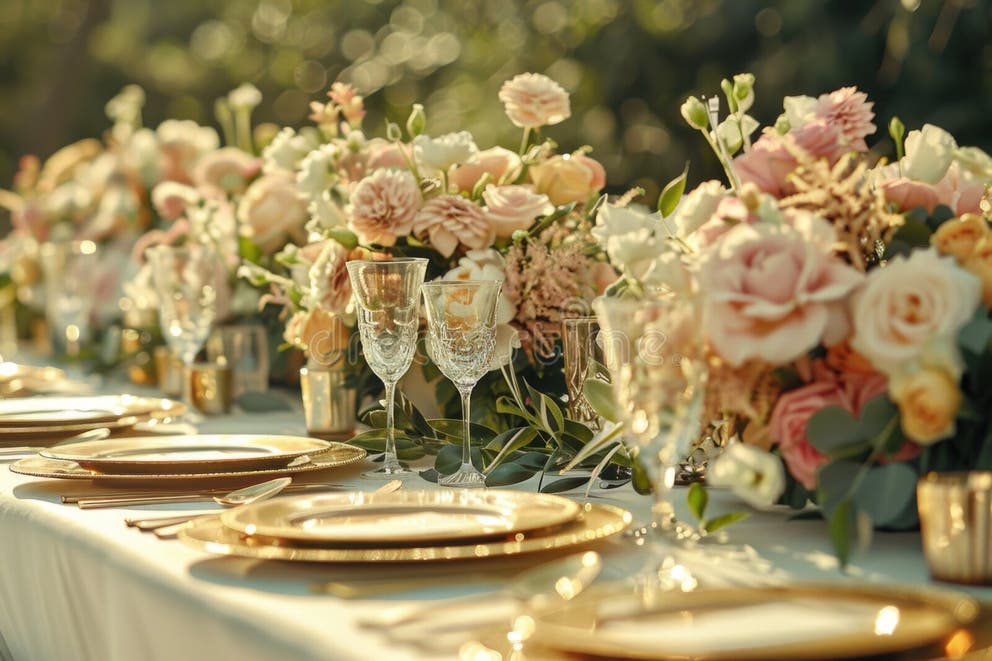 A Formal Dinner Party Table Setting with a Bunch of Plates and Glasses ...