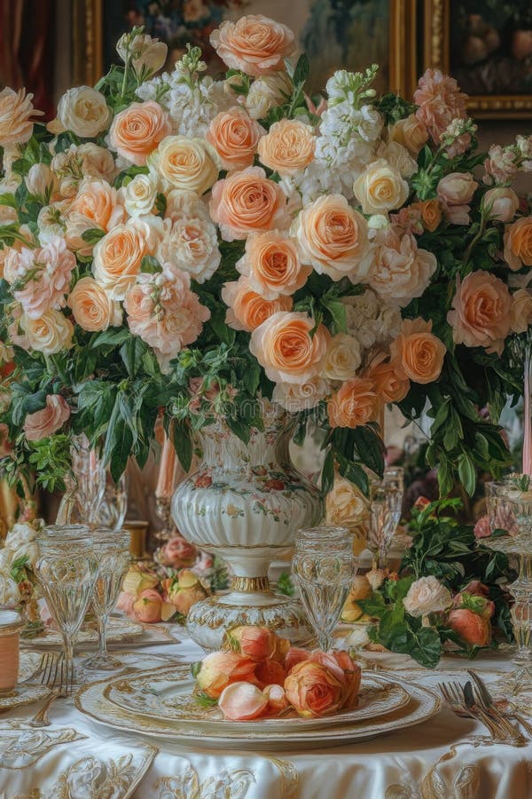 Formal Dinner Setup with Peaches and White Flowers Stock Photo - Image ...
