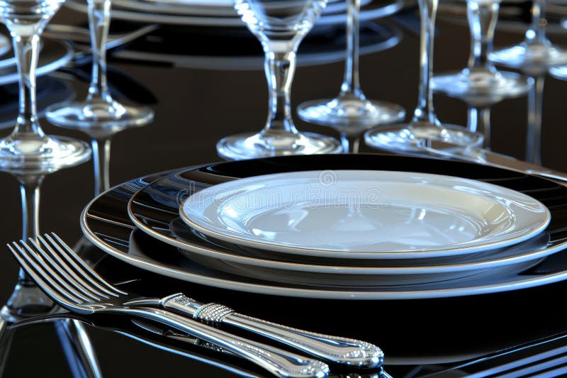 Formal Dinner Table Setting. Elegant Plates and Wine Glasses ...