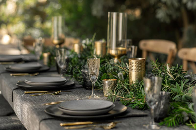 Formal Dinner Table Setting Features Gray Tablecloth with Black Runner ...