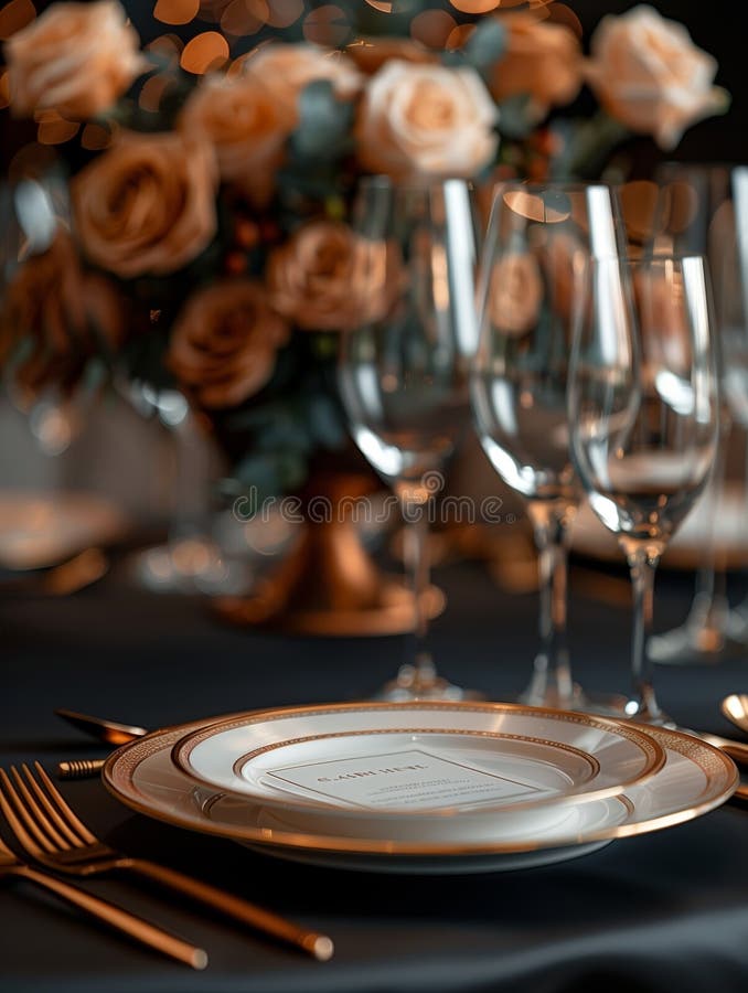 Formal Dinner Table Setting with Rose Centerpiece and Golden Accents ...