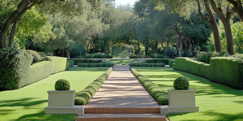 A Formal Garden with a Brick Path Lined with Manicured Hedges and Trees ...