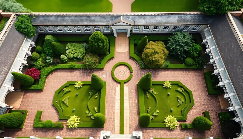 Formal Garden Courtyard View, Manicured Landscape and Elegant Design ...