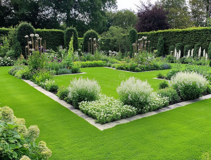 Formal Garden Design with White Flowers Stock Photo - Image of turf ...