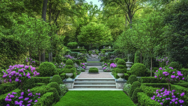 Formal Garden with Stone Steps and Purple Flowers Stock Illustration ...