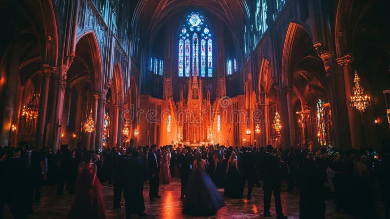A Formal Gathering Inside a Gothic Cathedral Stock Illustration ...