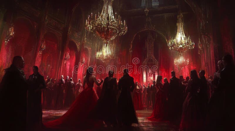 A Formal Gathering in a Red-Lit Palace Hall Stock Illustration ...