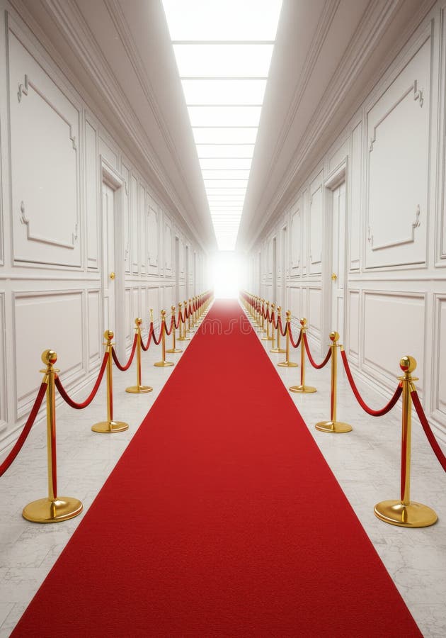 Formal Hallway with a Red Carpet, Bright Light at the End Stock ...