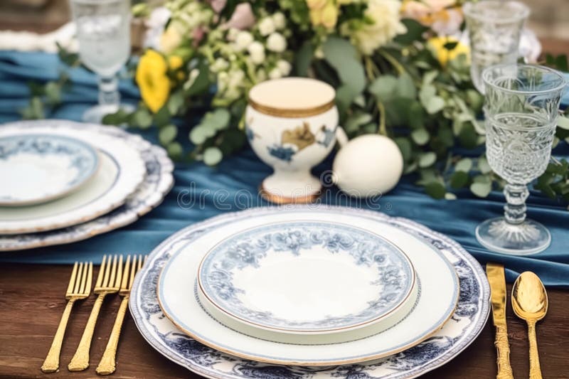 Formal Holiday Tablescape with Blue Decor, Dinner Table Setting, Table ...