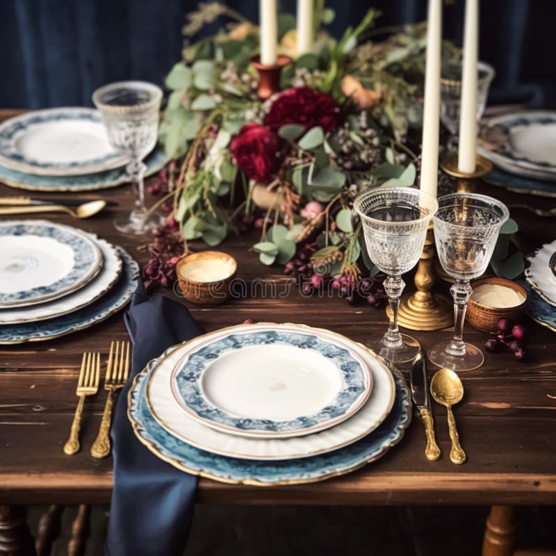 Formal Holiday Tablescape with Blue Decor, Dinner Table Setting, Table ...