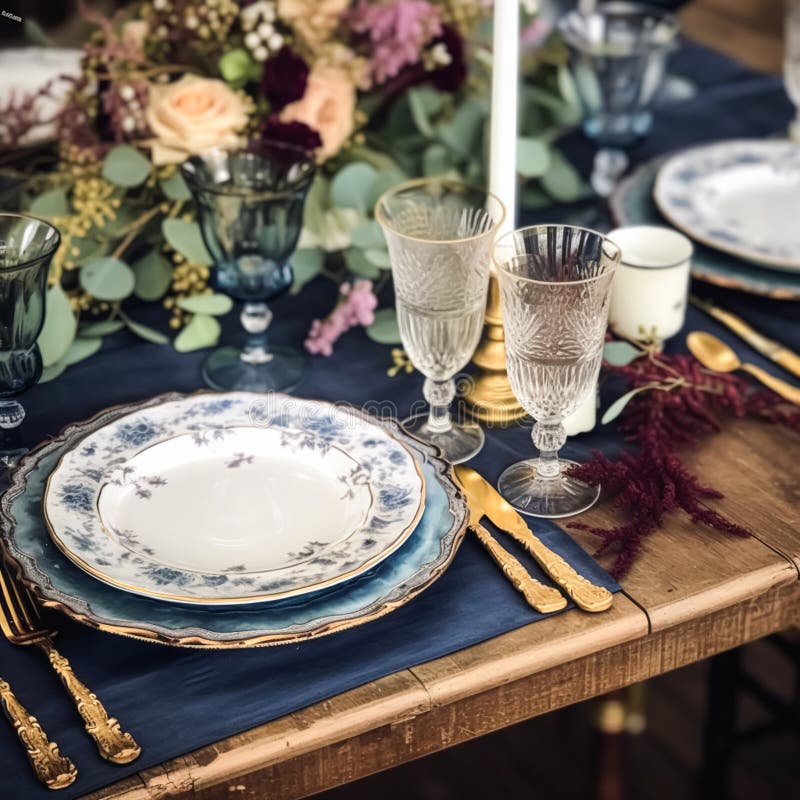 Formal Holiday Tablescape with Blue Decor, Dinner Table Setting, Table ...