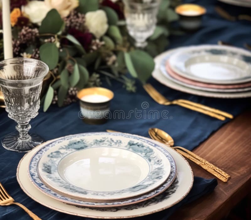 Formal Holiday Tablescape with Blue Decor, Dinner Table Setting, Table ...
