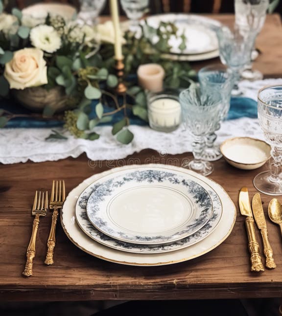 Formal Holiday Tablescape with Blue Decor, Dinner Table Setting, Table ...