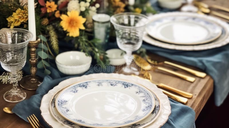 Formal Holiday Tablescape with Blue Decor, Dinner Table Setting, Table ...