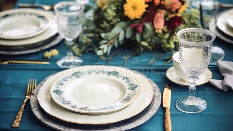 Formal Holiday Tablescape with Blue Decor, Dinner Table Setting, Table ...