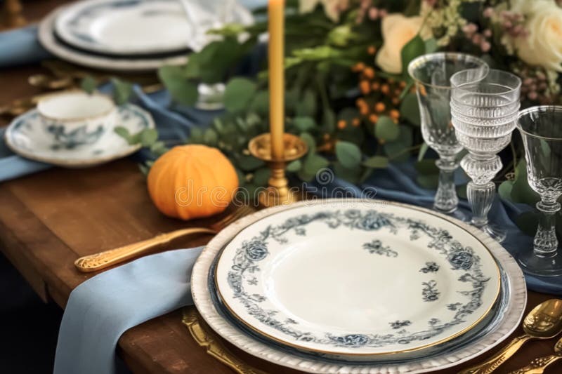 Formal Holiday Tablescape with Blue Decor, Dinner Table Setting, Table ...