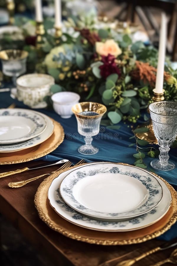Formal Holiday Tablescape with Blue Decor, Dinner Table Setting, Table ...