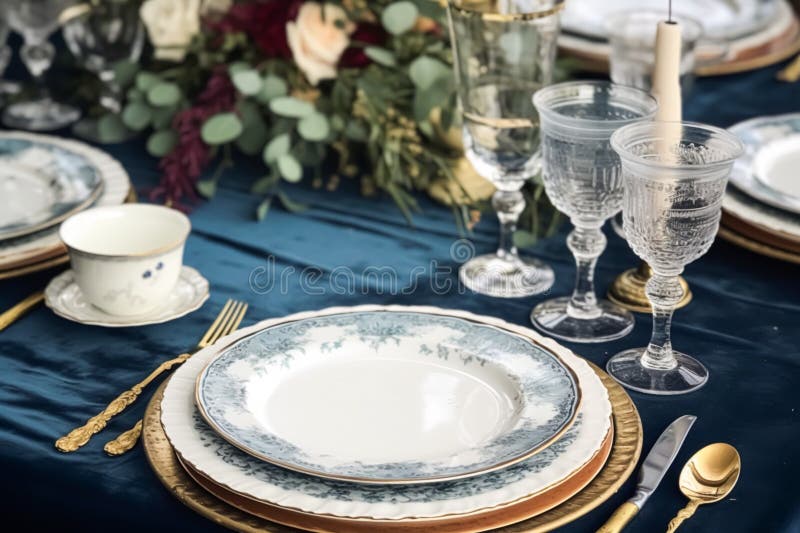 Formal Holiday Tablescape with Blue Decor, Dinner Table Setting, Table ...