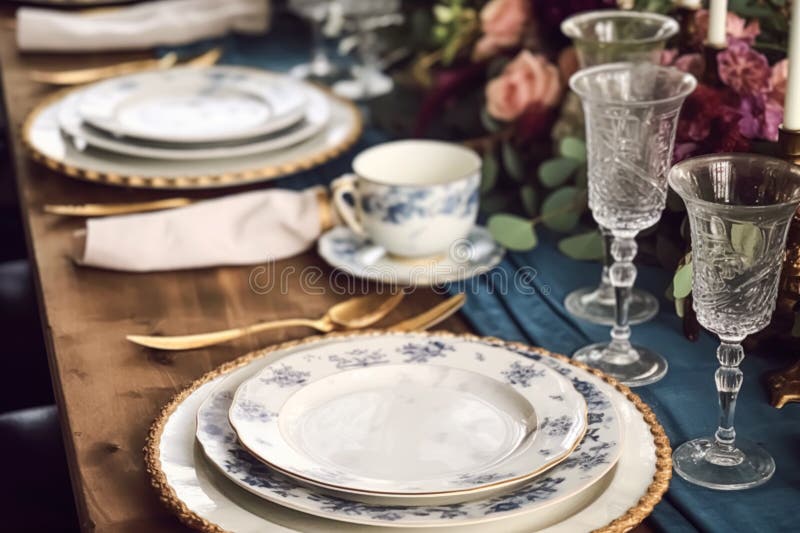 Formal Holiday Tablescape with Blue Decor, Dinner Table Setting, Table ...