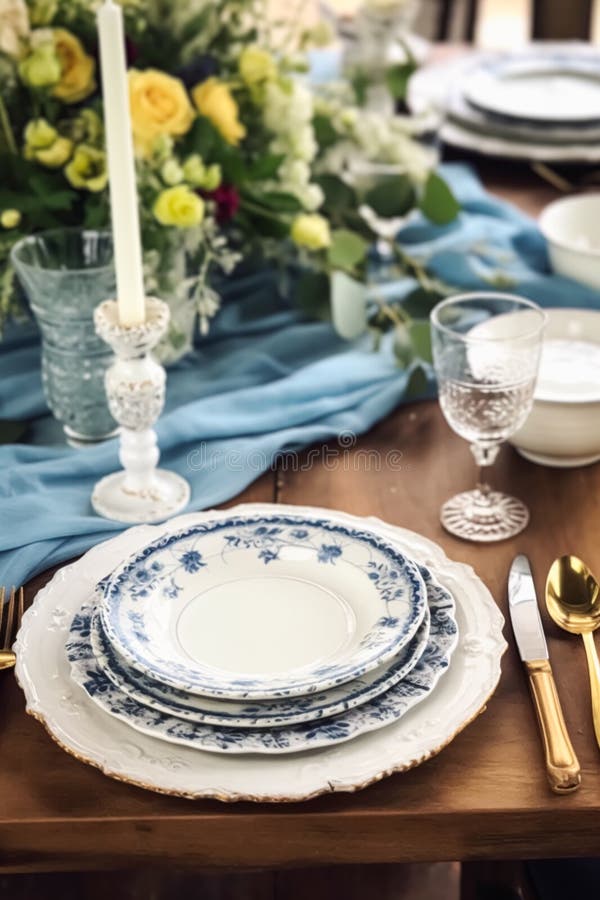 Formal Holiday Tablescape with Blue Decor, Dinner Table Setting, Table ...