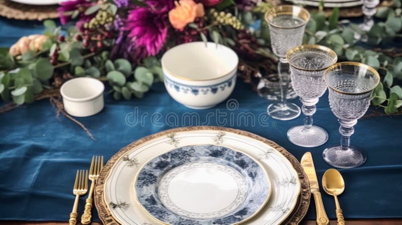 Formal Holiday Tablescape with Blue Decor, Dinner Table Setting, Table ...