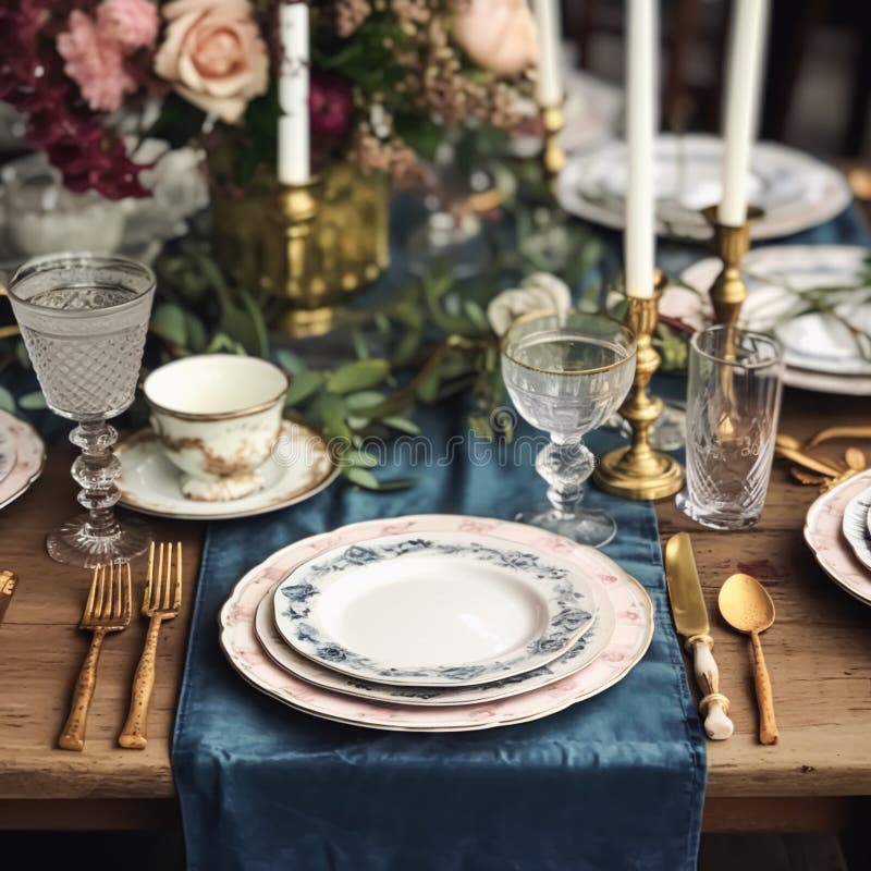 Formal Holiday Tablescape with Blue Decor, Dinner Table Setting, Table ...