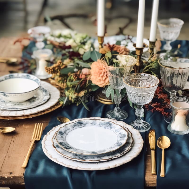 Formal Holiday Tablescape with Blue Decor, Dinner Table Setting, Table Scape with Elegant ...