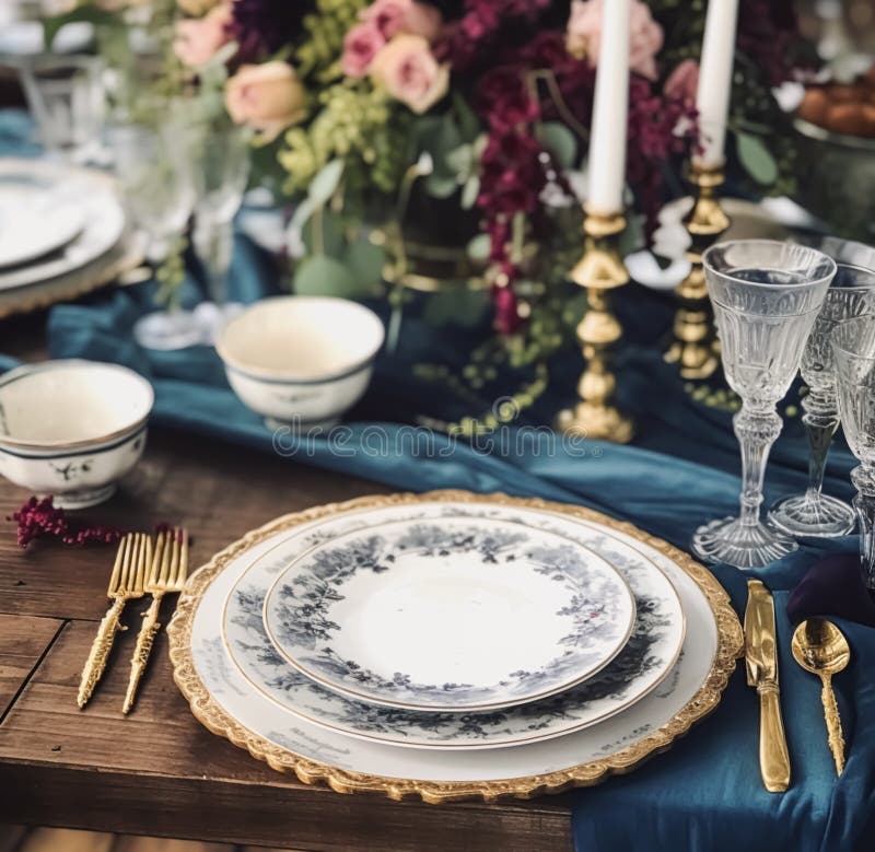 Formal Holiday Tablescape with Blue Decor, Dinner Table Setting, Table ...
