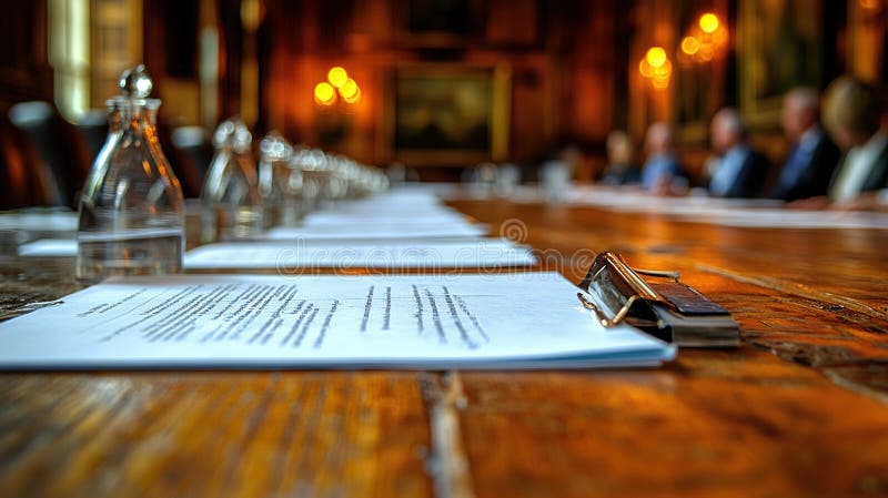 Formal Meeting in Progress. Documents on a Long Table Stock ...