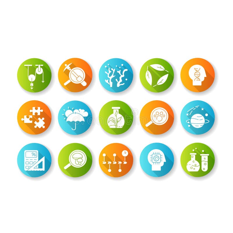 Formal and Pure Science Flat Design Long Shadow Glyph Icons Set Stock ...