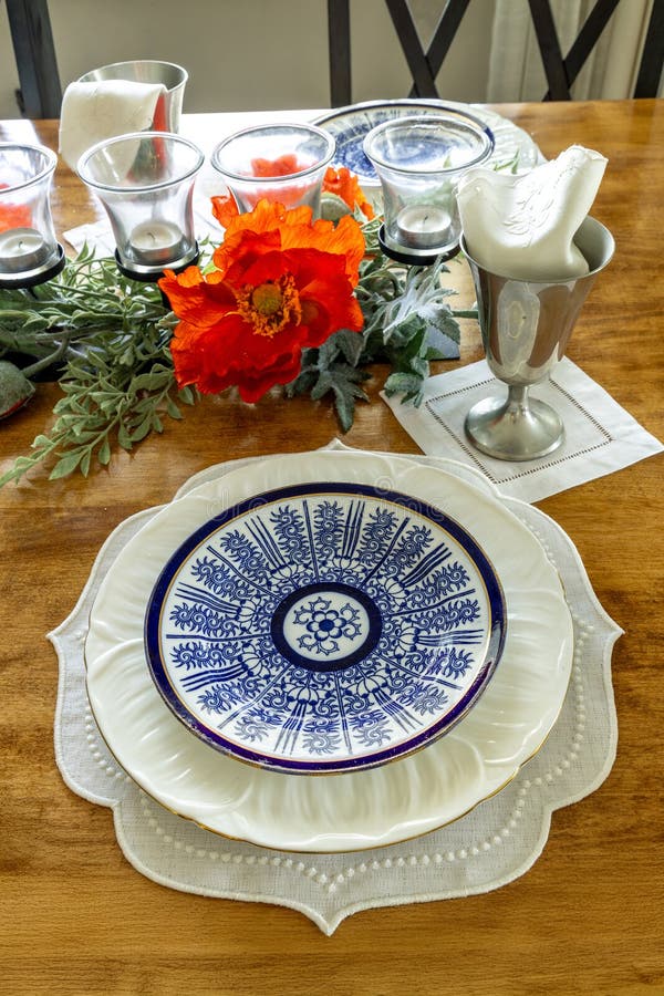 Formal Table Set with Fine Porcelain Blue and White Plate with a Coral ...