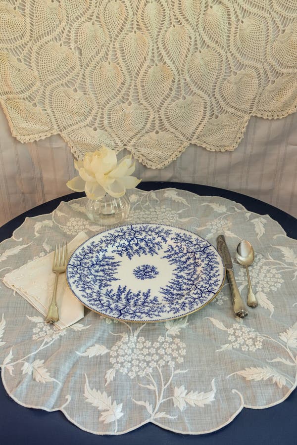 Formal Table Set with Fine Porcelain Blue and White Plate with a Coral ...