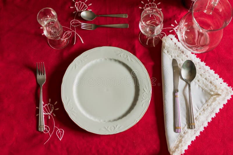 Formal Table Setting on Red Tablecloth. Luxury Cutlery Stock Image ...