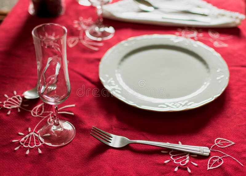 Formal Table Setting on Red Tablecloth. Luxury Cutlery Stock Photo ...