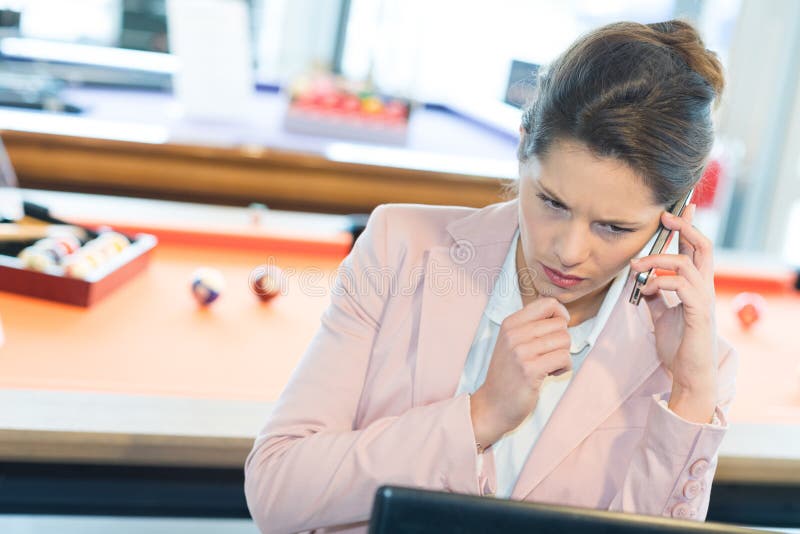 Formally Dressed Lady on Telephone Concerned Expression Stock Photo ...