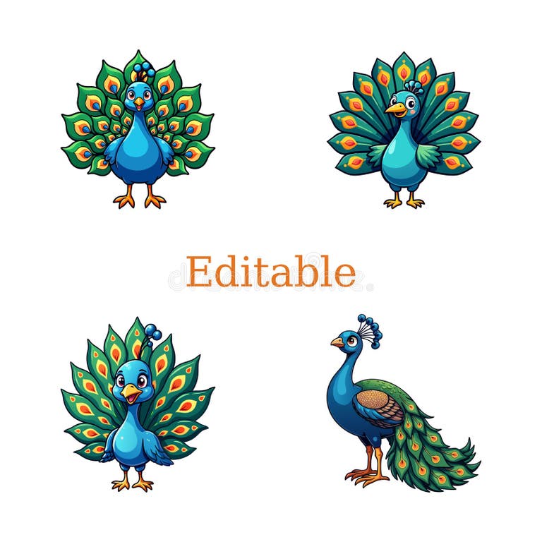 Colorful Cartoon Peacocks in a Grid Layout. Customizable Digital ...
